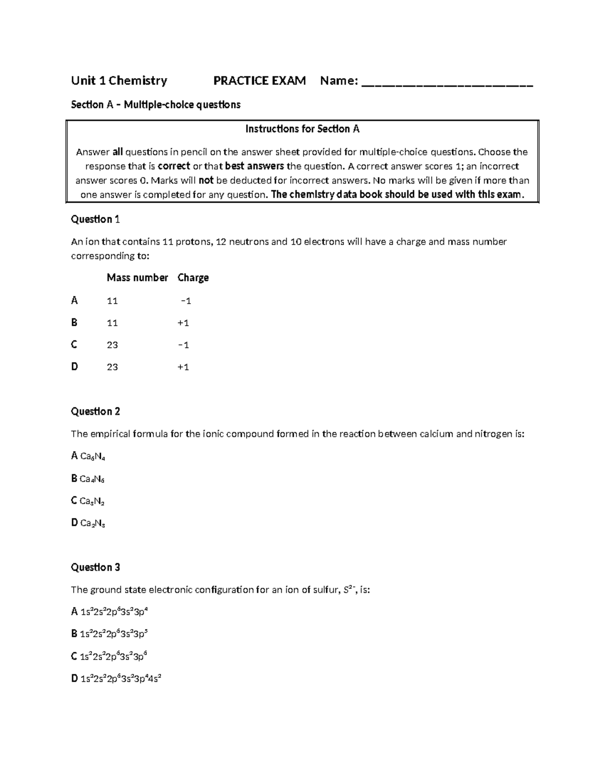 Unit 1 Chemistry Practice Exam 2026: Comprehensive Review - Studocu