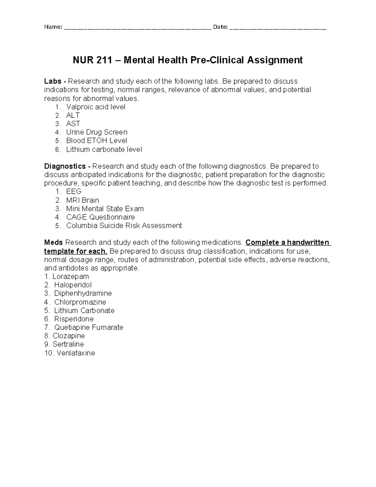 NUR 211 Mental Health Pre-Clinical Assignment Summer 25 - Studocu
