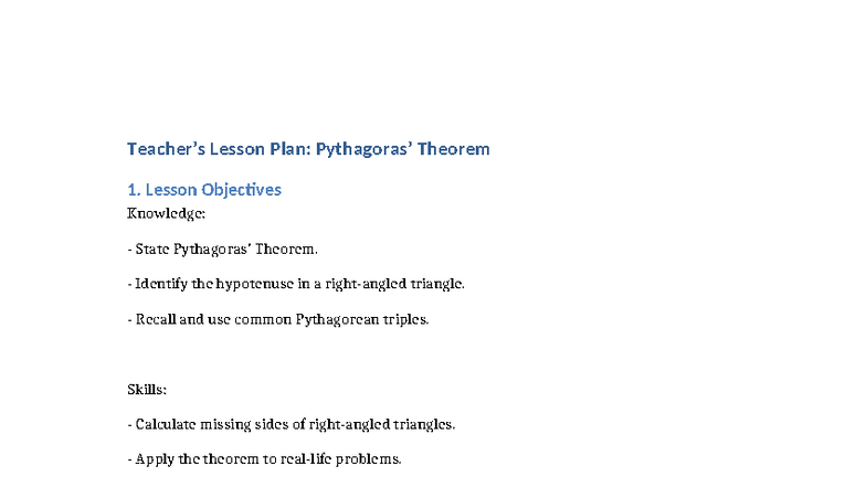 Pythagorean Theorem Lesson Plan: Objectives & Activities - Studocu