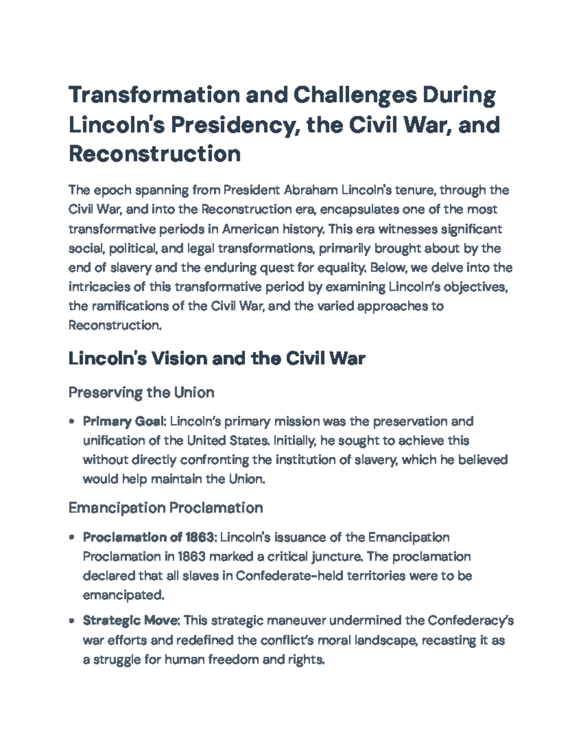 Lincoln's Presidency, Civil War, and Reconstruction Era Challenges ...