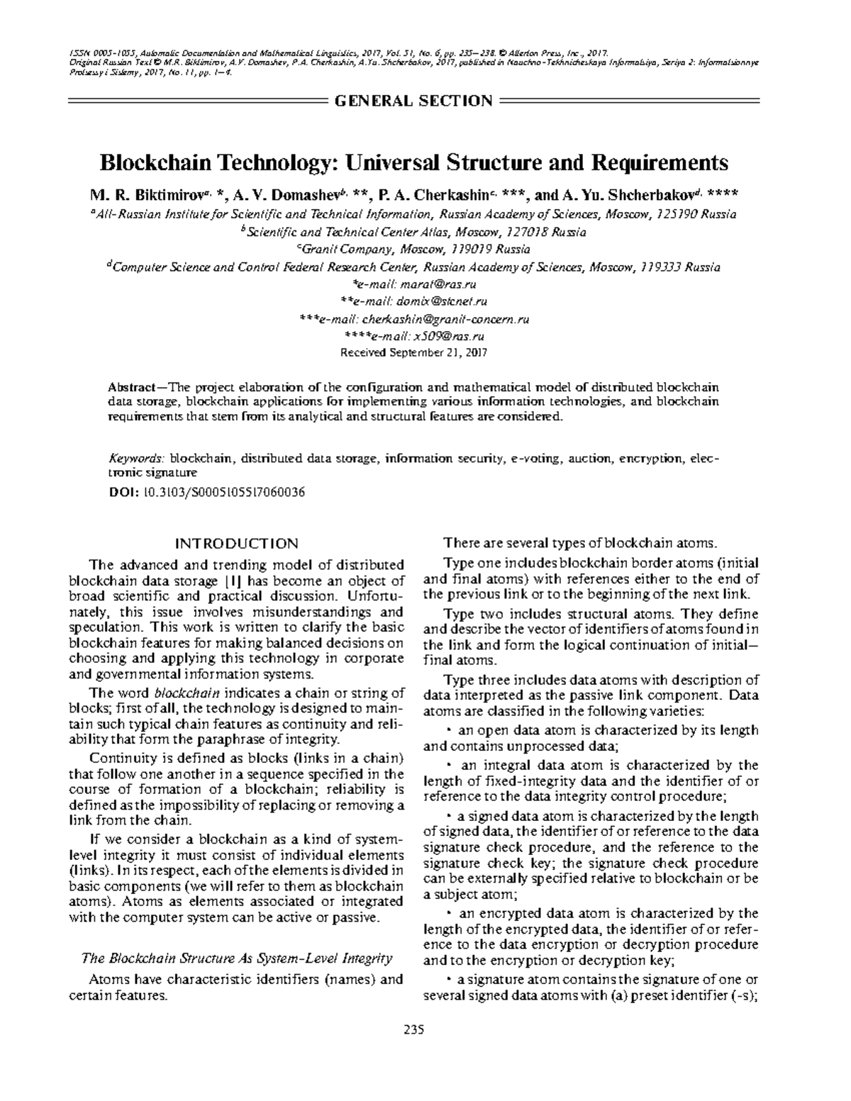 Blockchain Technology: Structure, Requirements, and Applications (ISSN - Studocu