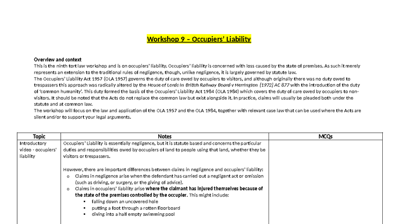 Workshop 9: Overview of Occupiers' Liability (OLA 1957 & 1984) - Studocu