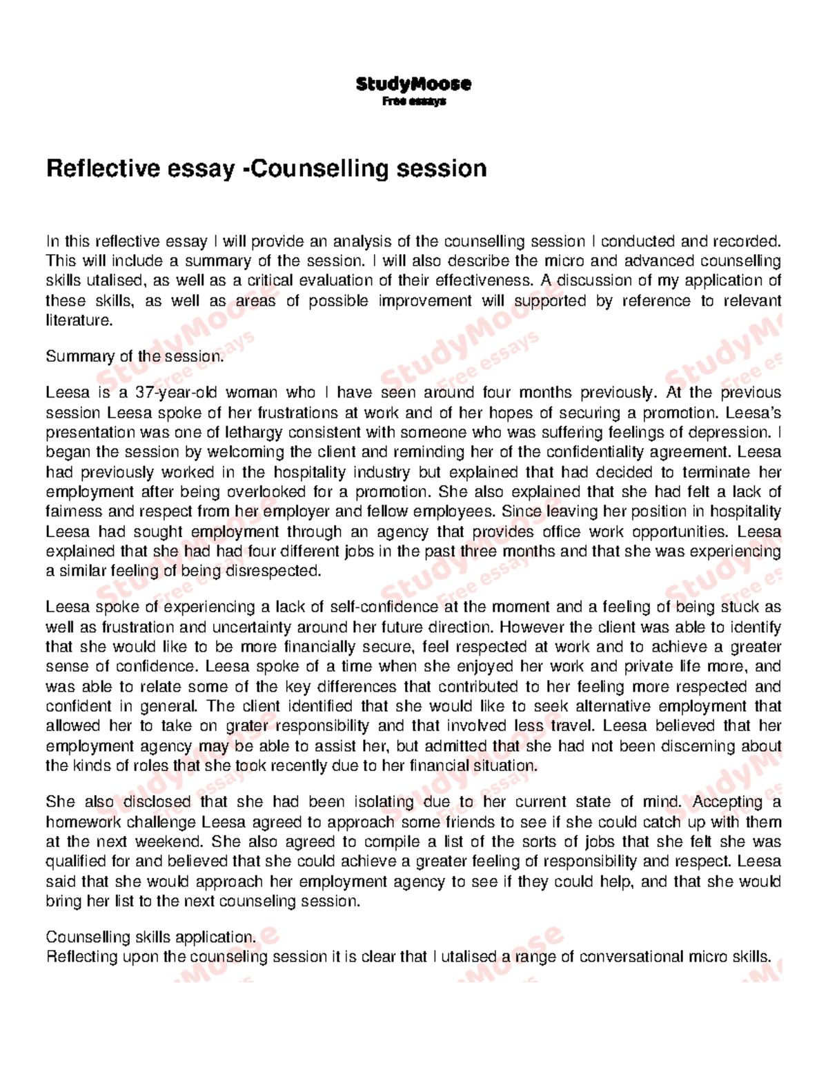 Reflective Essay on Counselling Session Analysis and Skills - Studocu