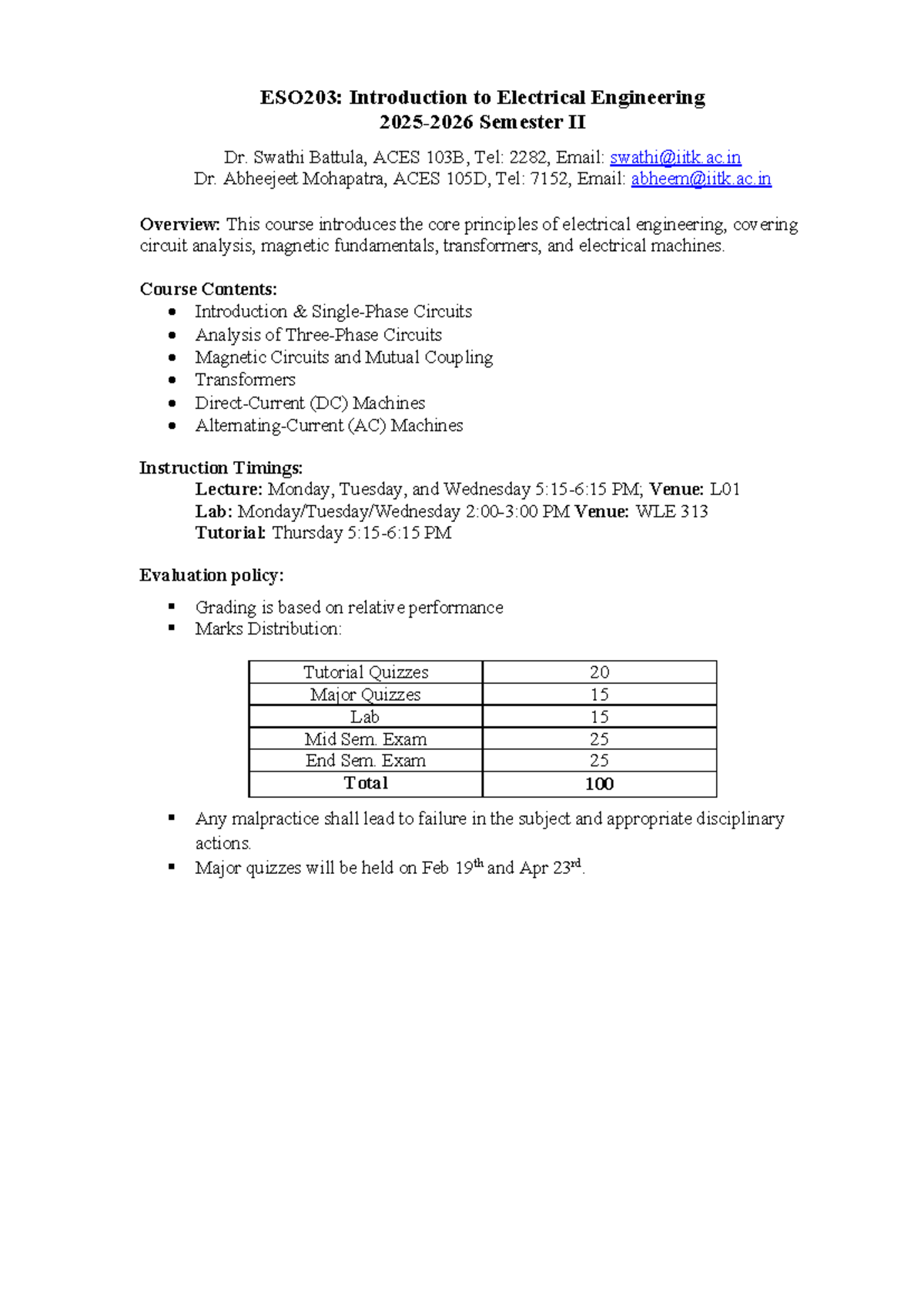 ESO203: Intro to Electrical Engineering - Semester II Overview - Studocu