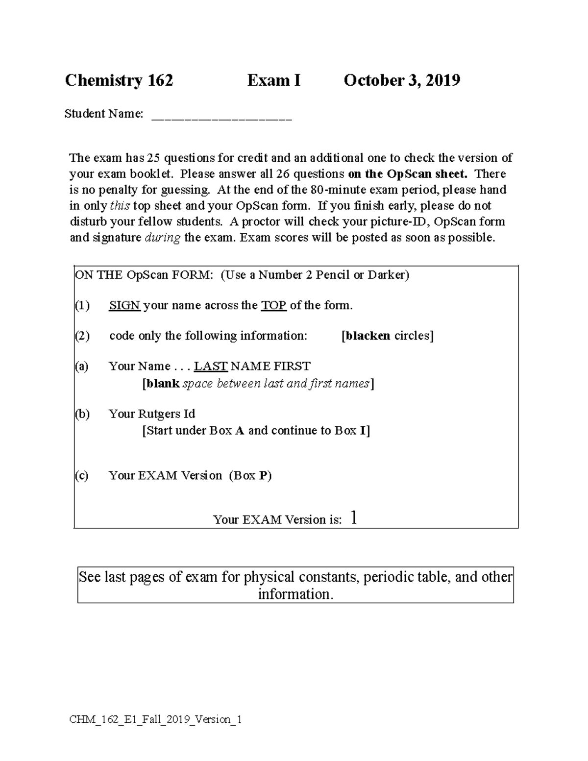 Chemistry 162 Fall 2019 Exam I - Past Exam Questions - Studocu