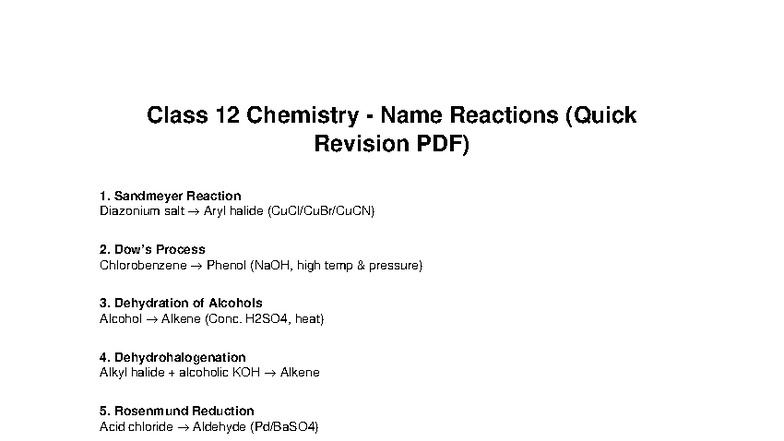 Class 12 Chemistry Name Reactions Quick Revision Guide - Studocu