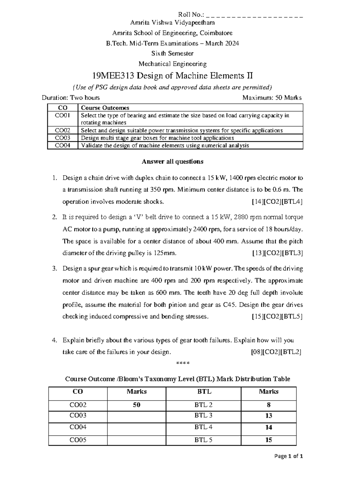 19MEE313 VI Sem Mid-Term Exam Notes on Machine Design II - Studocu