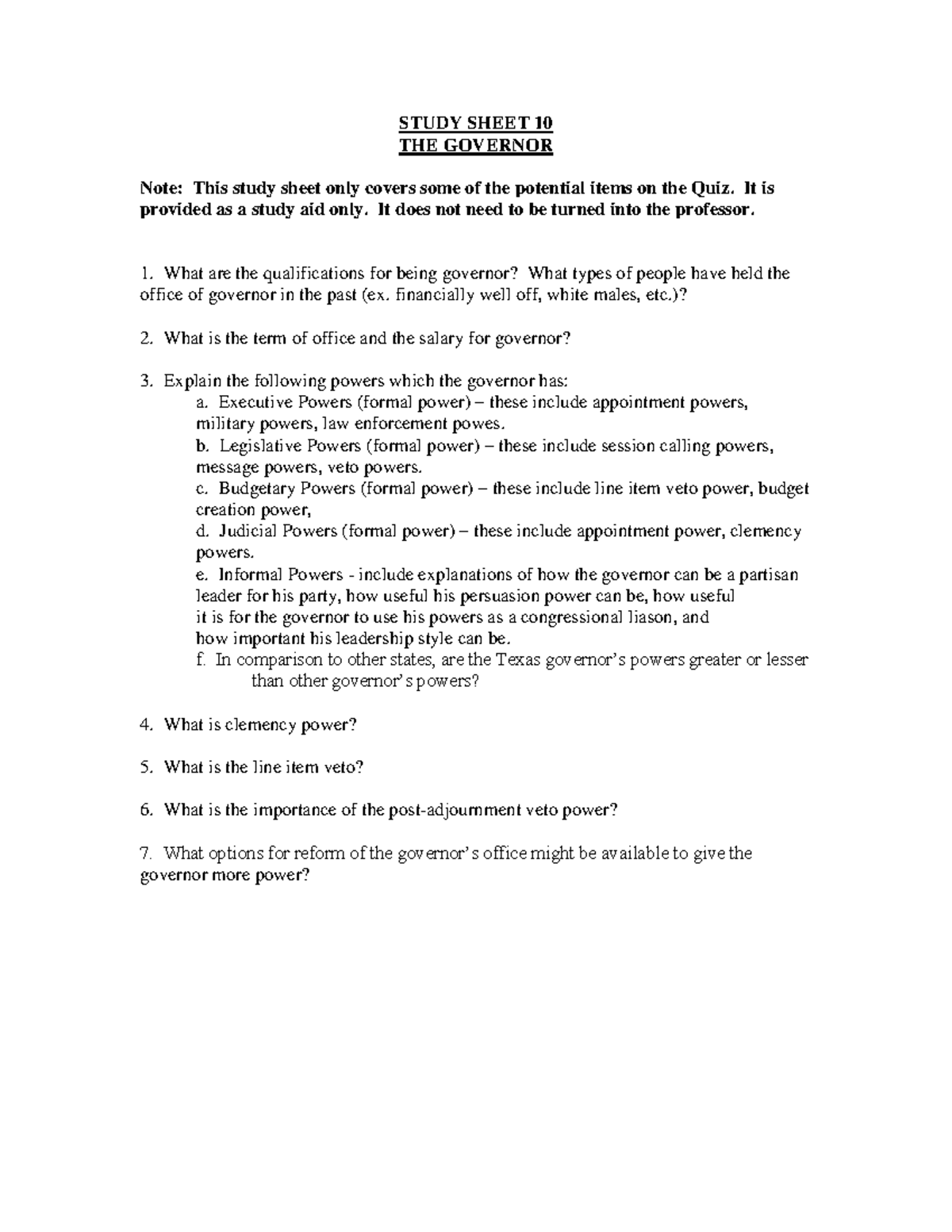 Study Sheet 10: Governor's Powers & Qualifications Quiz - Studocu