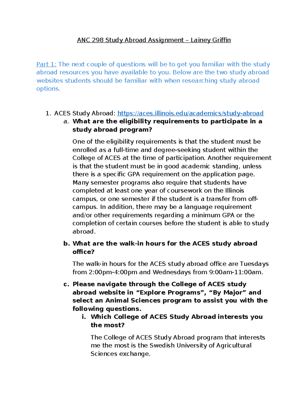 ANSC 298 Study Abroad Assignment: Exploring ACES Resources - Studocu