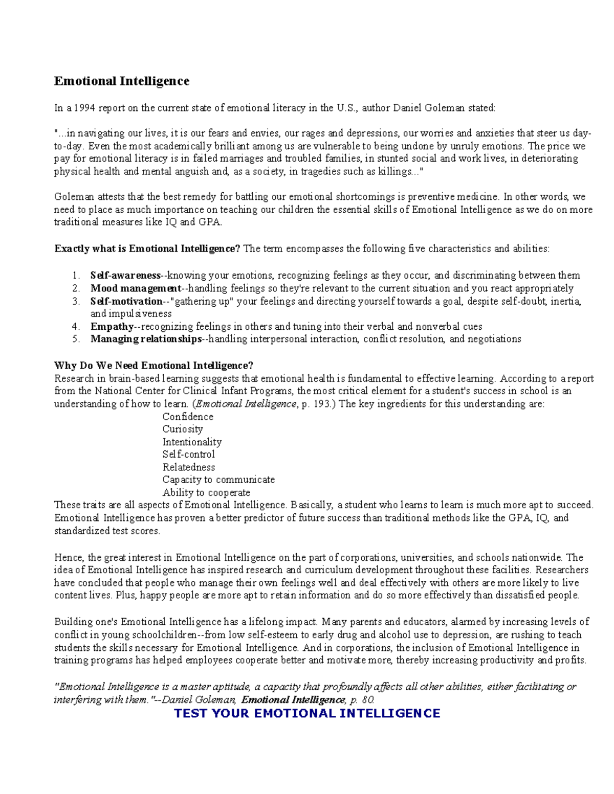Emotional Intelligence plus test - Emotional Intelligence In a 1994 ...