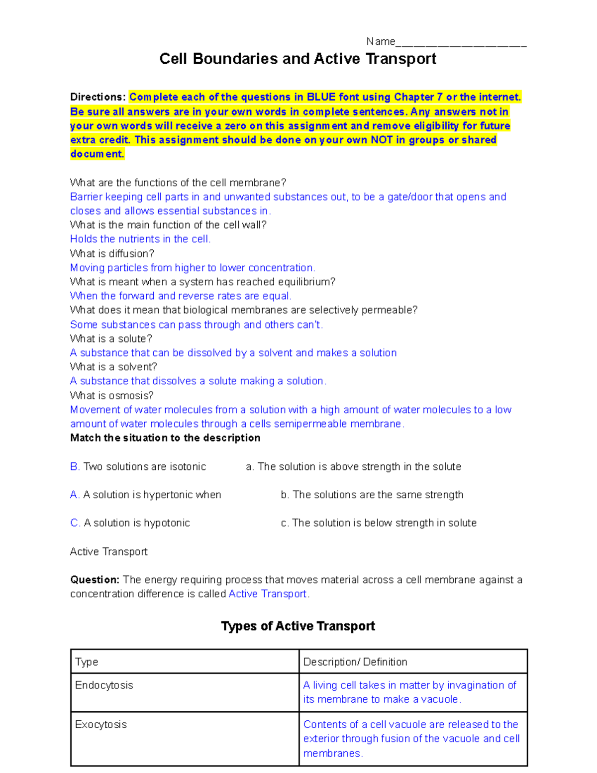 Cell Boundaries and Active Transport - Name______________________ Cell ...