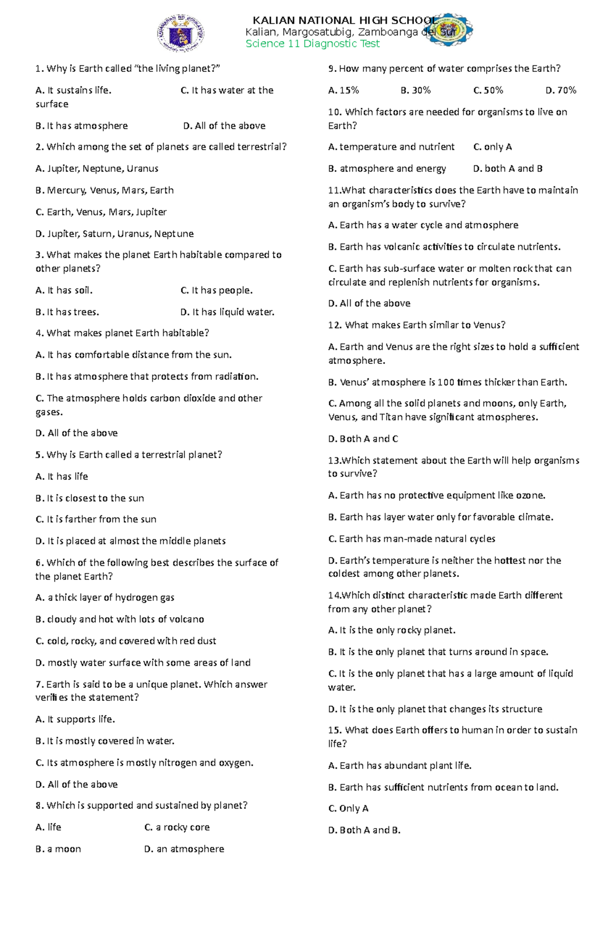 G11 Diagnostic Test - Earth and Life Science Overview - Studocu