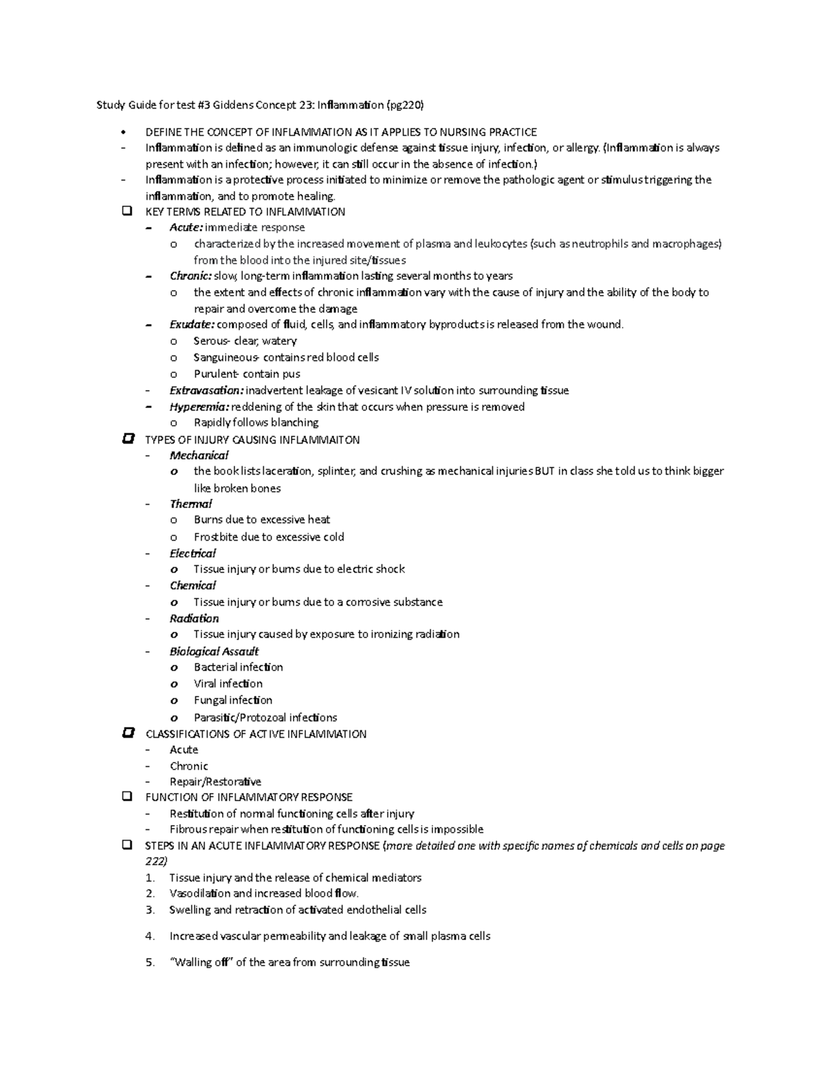 Giddens_Study Guide Concept 23: Inflammation for Test #3 - Studocu