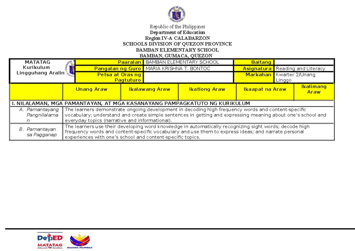 G1-Q2-DLL-WEEK 1: Reading and Literacy Curriculum Guide - Studocu