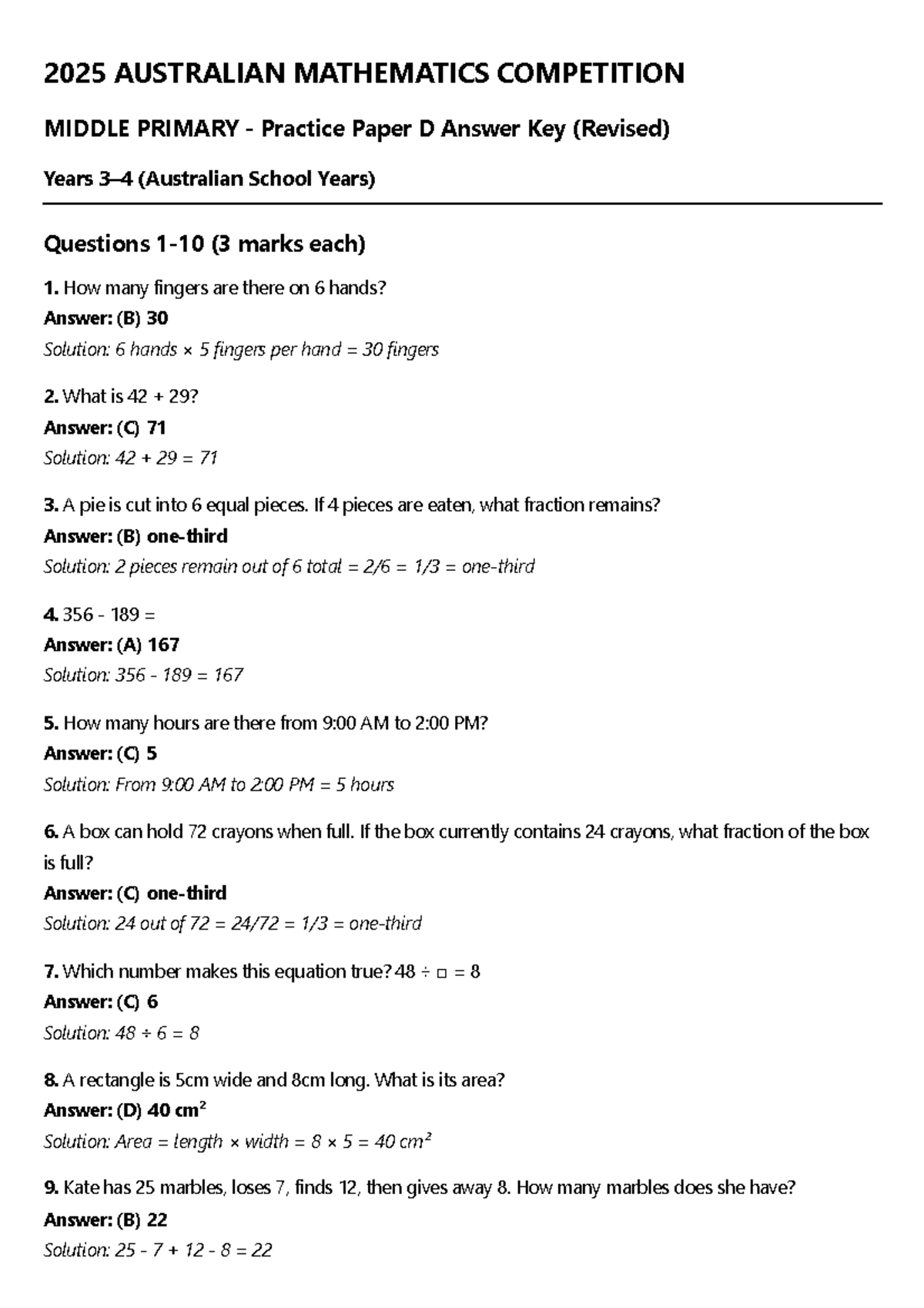 2025 AMC Middle Primary Practice Paper D Answer Key (Revised) - Studocu