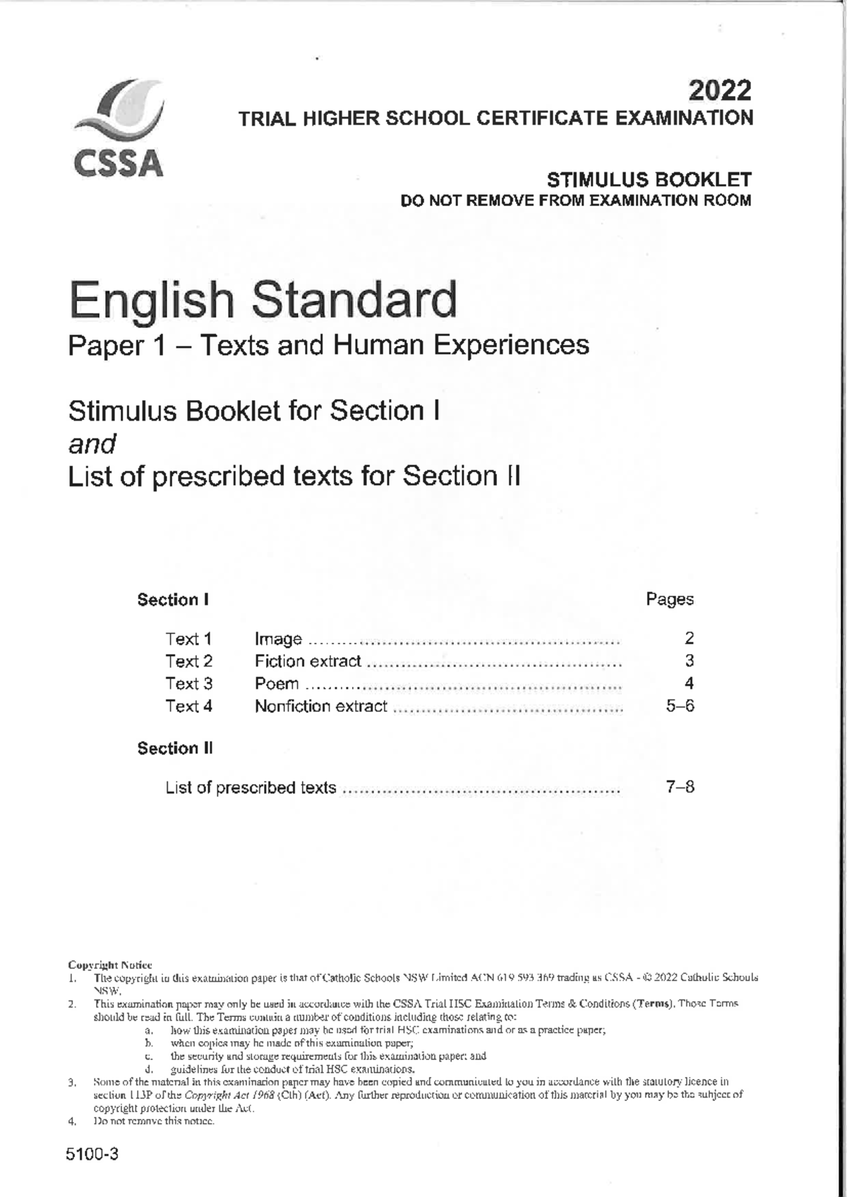 2022 CSSA HSC English Standard Paper 1 Stimulus Booklet - Studocu