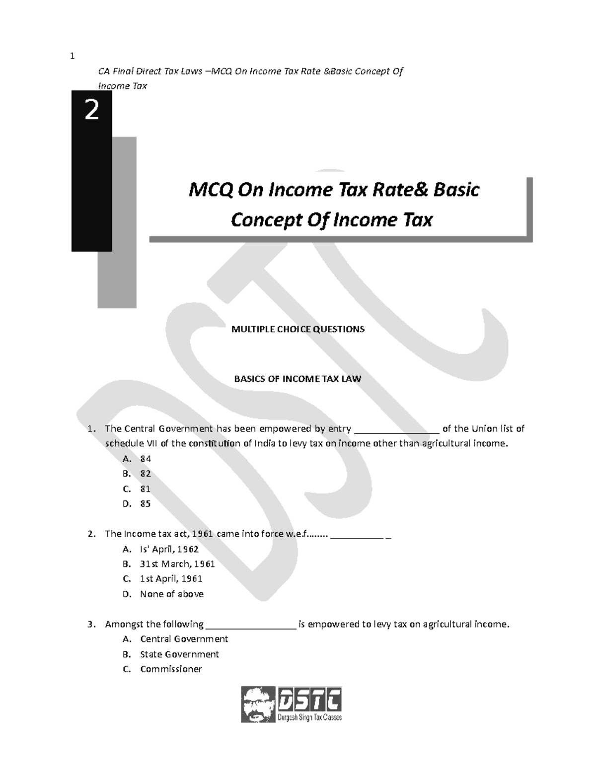 Chapter 1 MCQs on Income Tax Rates and Basic Concept of Income Tax - CA ...