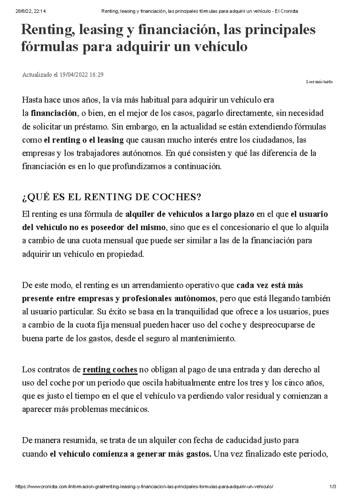 Renting, leasing y financiación, las principales fórmulas para adquirir ...