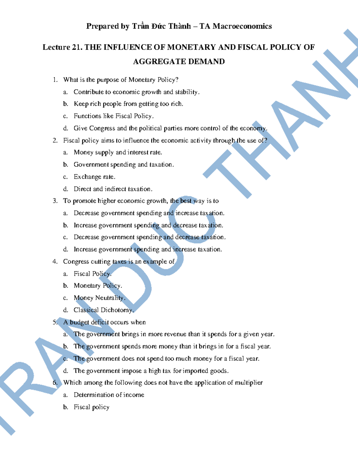 MCQ - Lecture 21 - Monetary & Fiscal Policy Impact on AD - Studocu