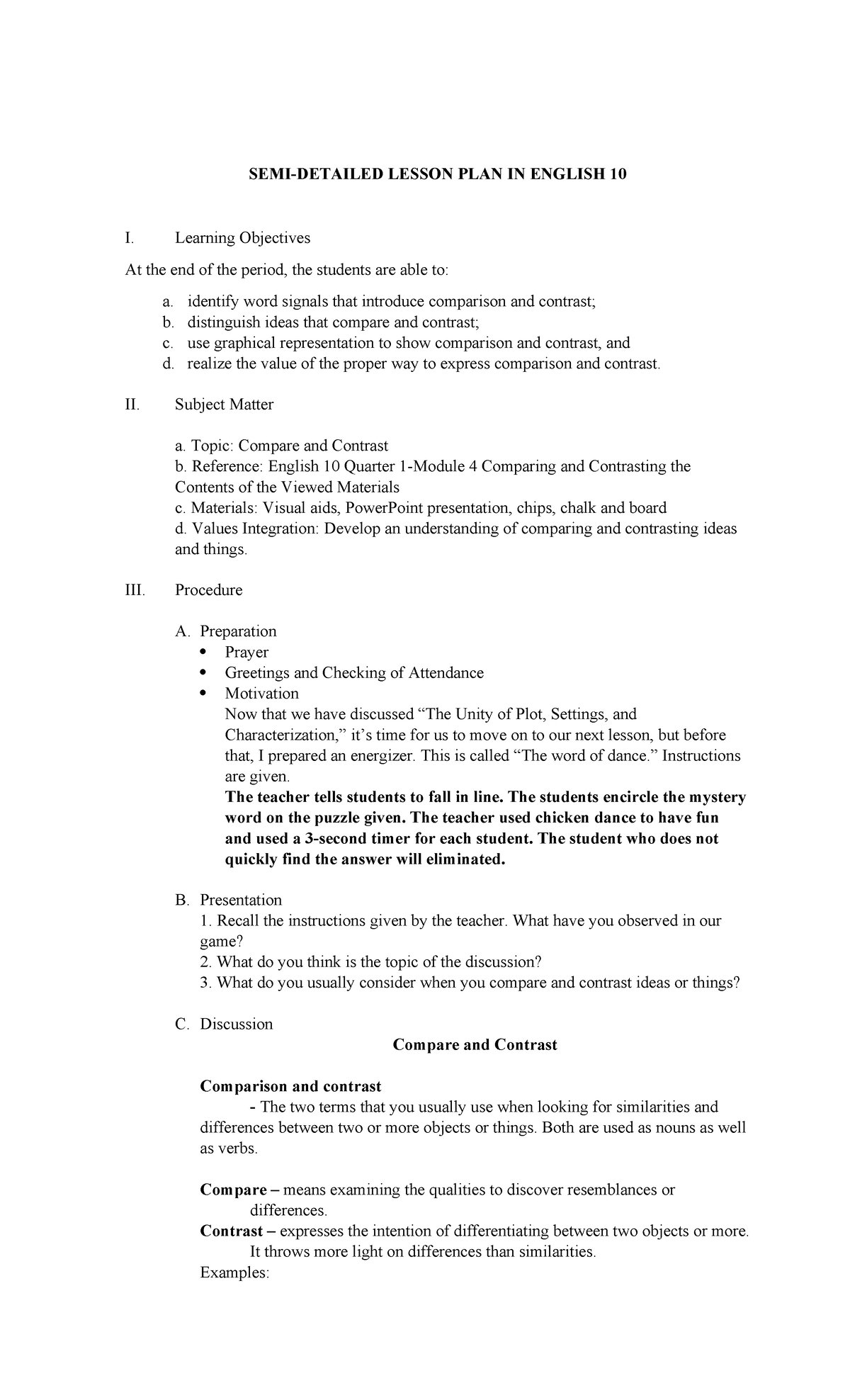 English 10 Lesson Plan: Compare and Contrast Techniques - Studocu