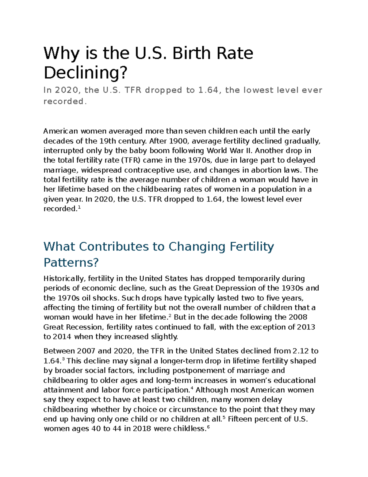 US Birth Rate Decline: Factors and Trends in Fertility Rates - Studocu