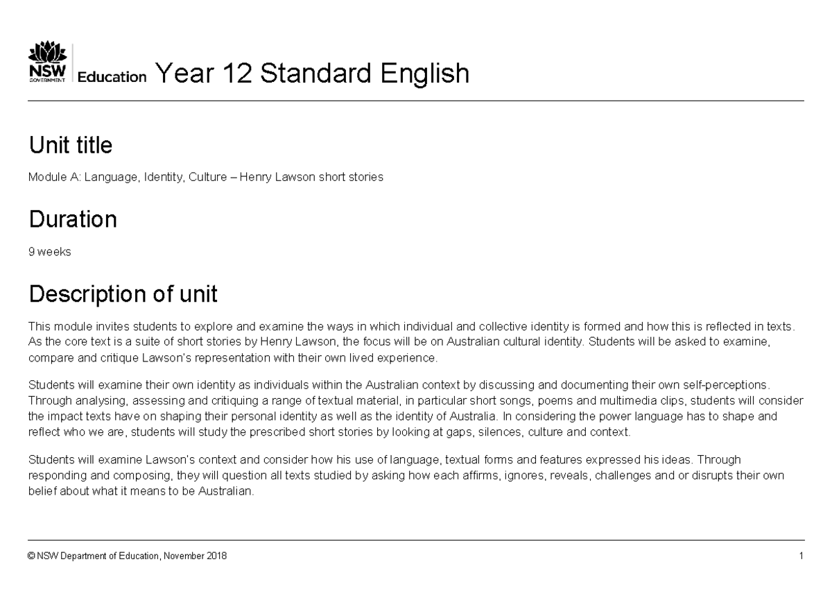 Year 12 Standard English Unit: Module A - Language, Identity & Culture ...