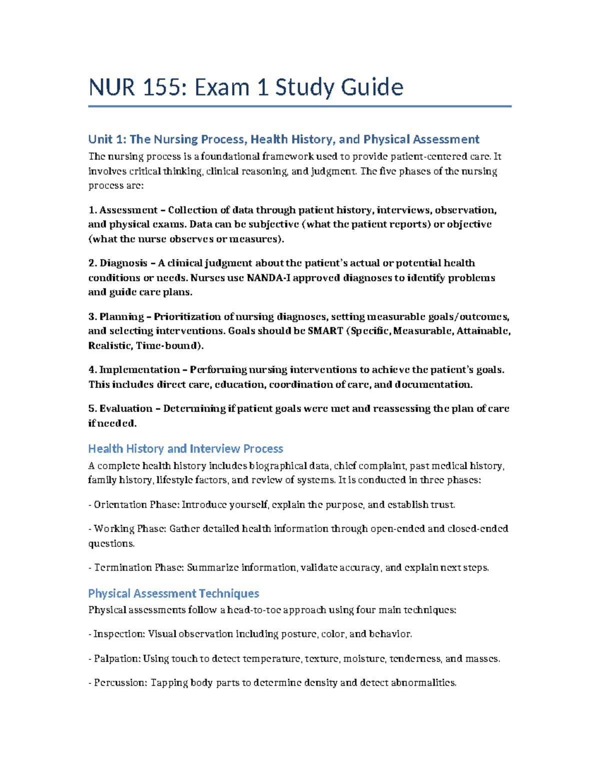 NUR 155: Comprehensive Exam 1 Study Guide on Nursing Process & Vital ...