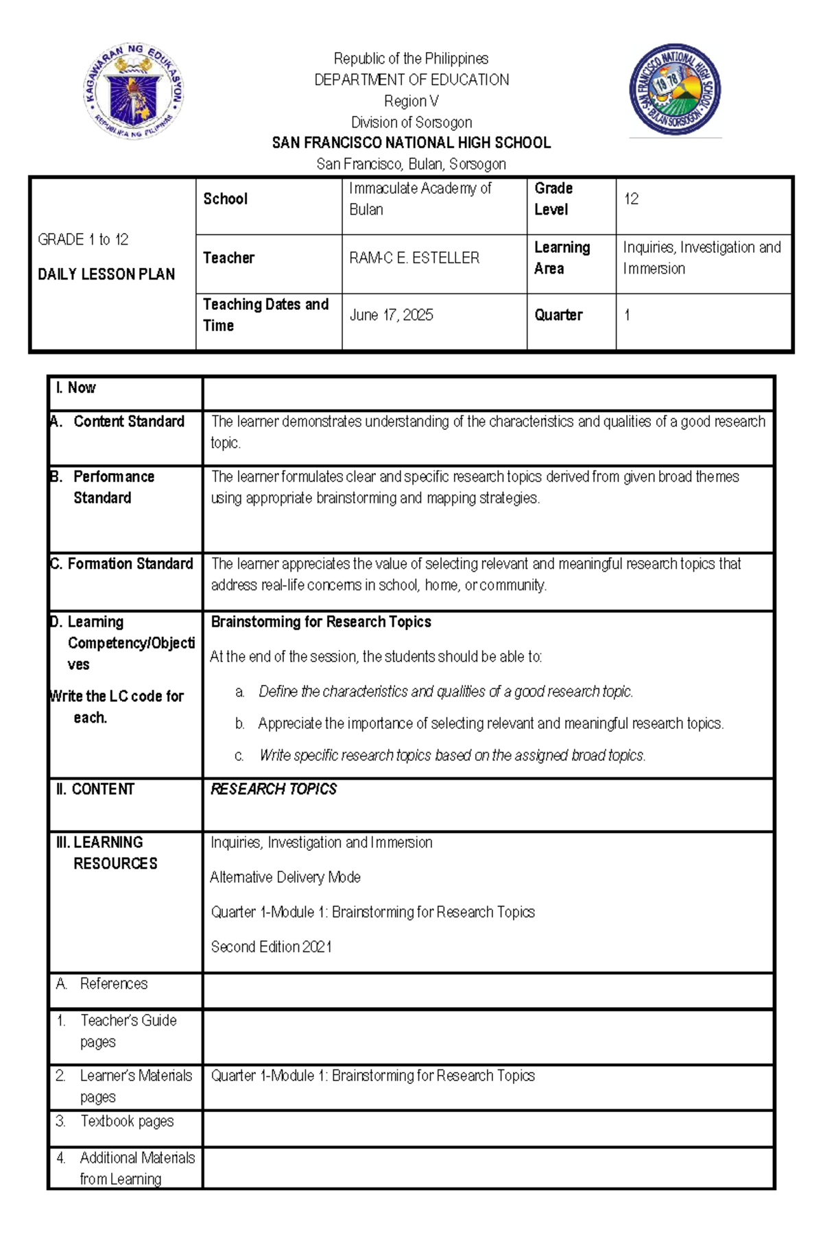 LP DAY 2 - Q2 - LESSON PLAN: Choosing a Good Research Topic - Studocu