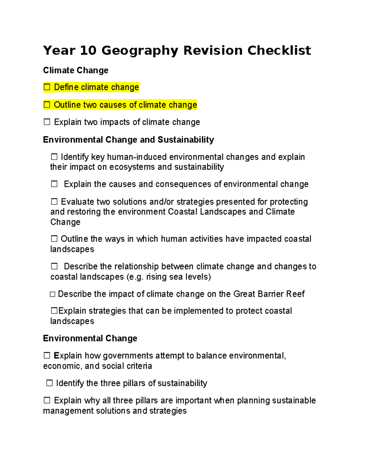 Year 10 Geography Revision Checklist: Climate Change & Wellbeing - Studocu