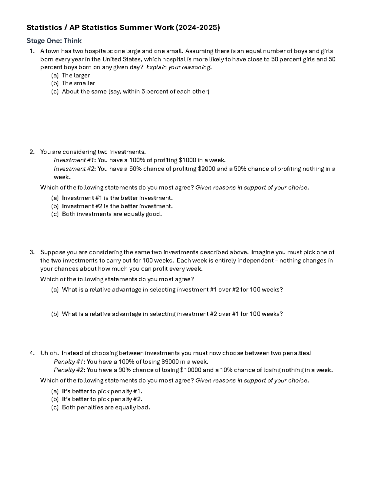 AP Statistics Summer Work (2024-2025) - Probability & Investments Guide ...