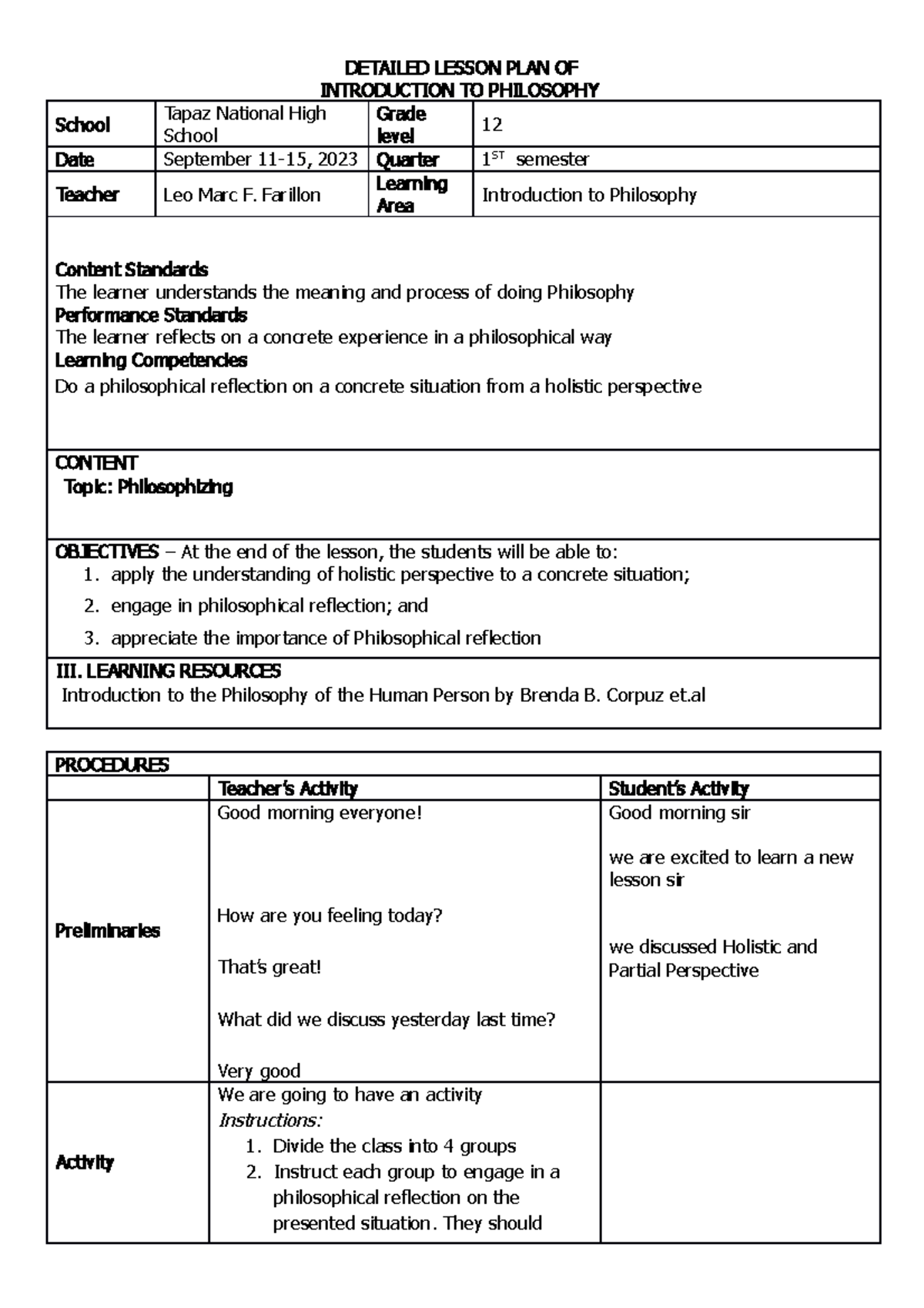 Phi L 2 - Detailed Lesson Plan: Introduction to Philosophy - Studocu