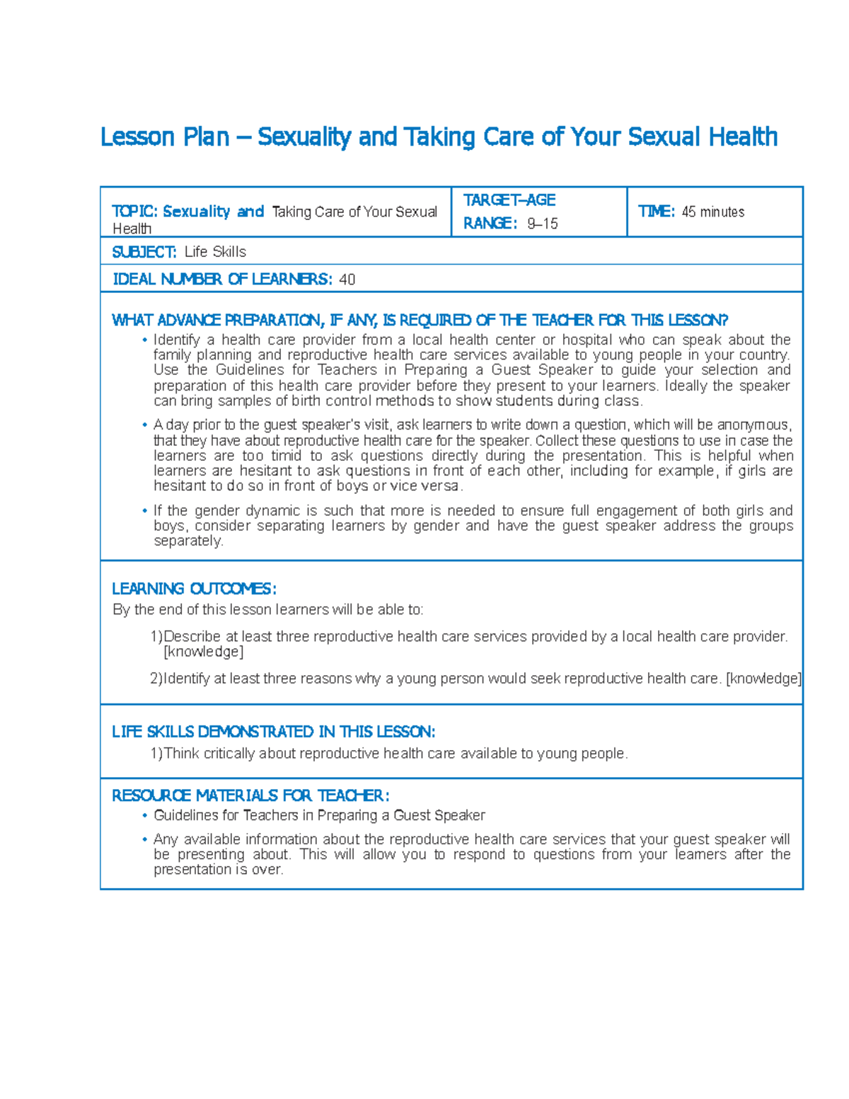 Lesson Plan: Taking Care of Your Sexual Health (Life Skills 101) - Studocu