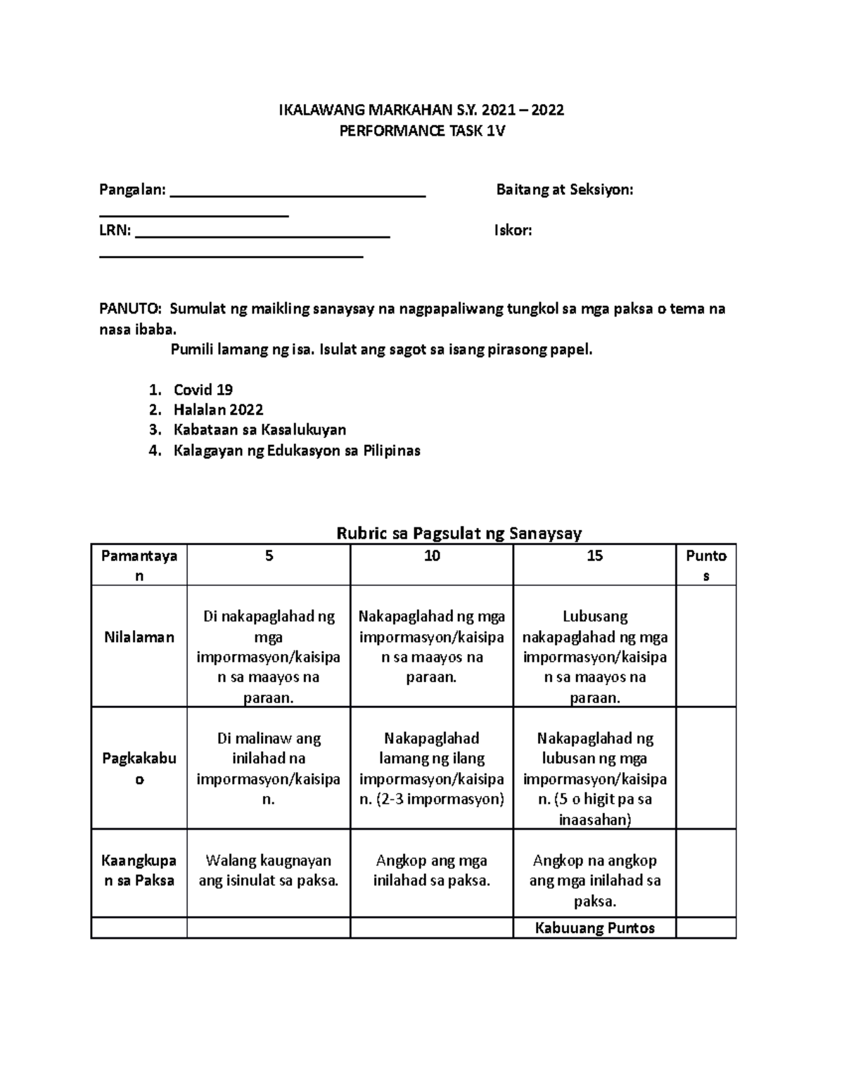 Performance Task in Grade 10 Filipino: Maikling Sanaysay Rubric - Studocu