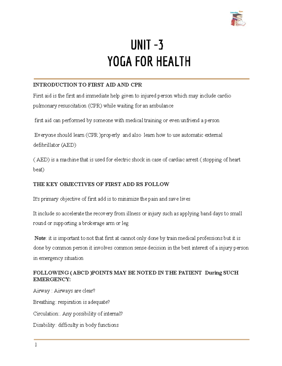Unit 3: Yoga for Health - First Aid & CPR Essentials - Studocu