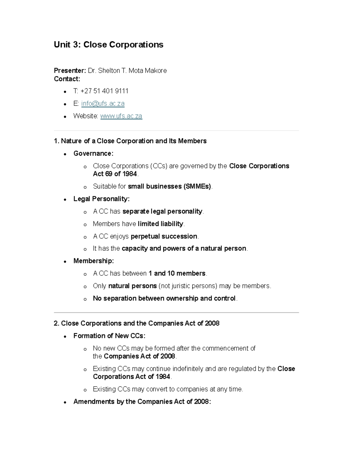 Unit 3: Close Corporations - Legal Framework and Member ...
