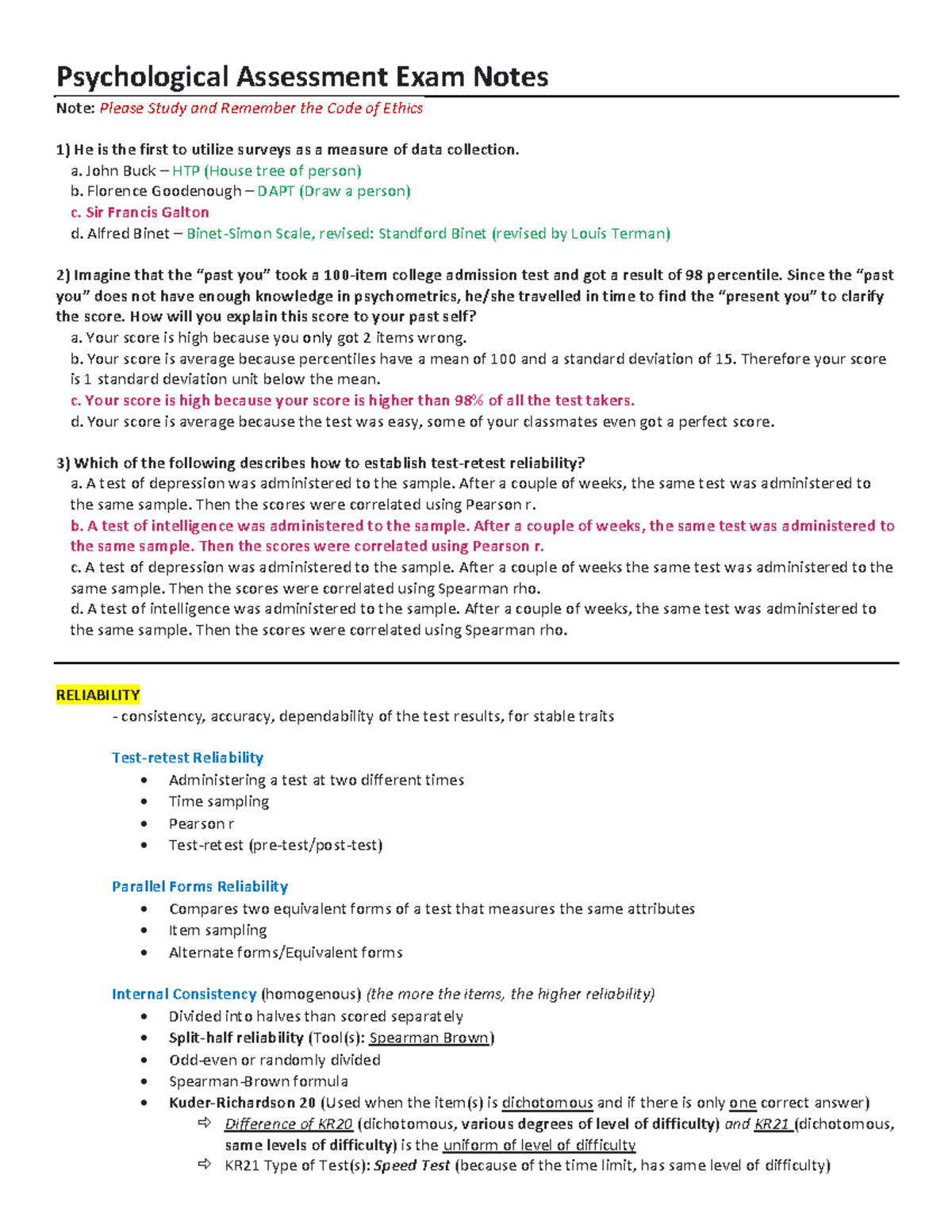 Psychological Assessment Exam Notes (PSY 101) Study Guide - Studocu