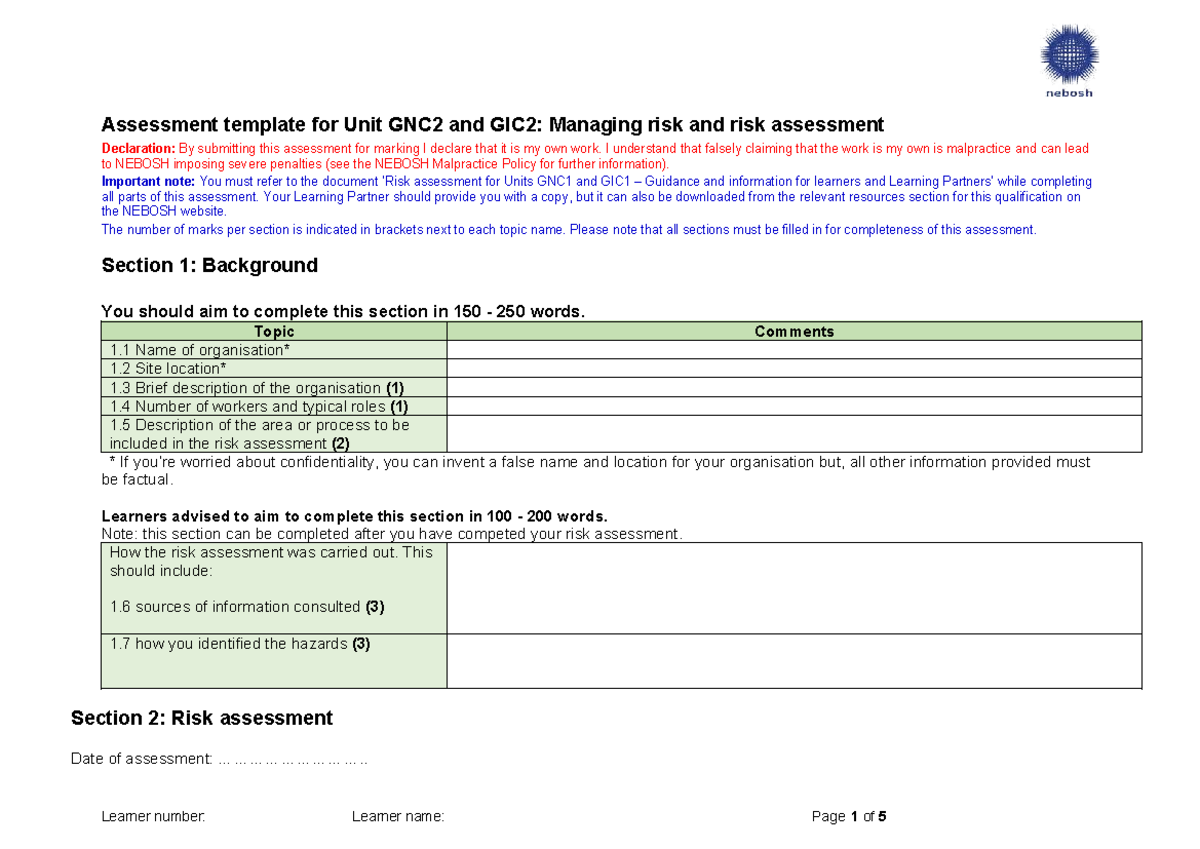 GNC2 & GIC2 Risk Assessment Template Submission Guide - Studocu