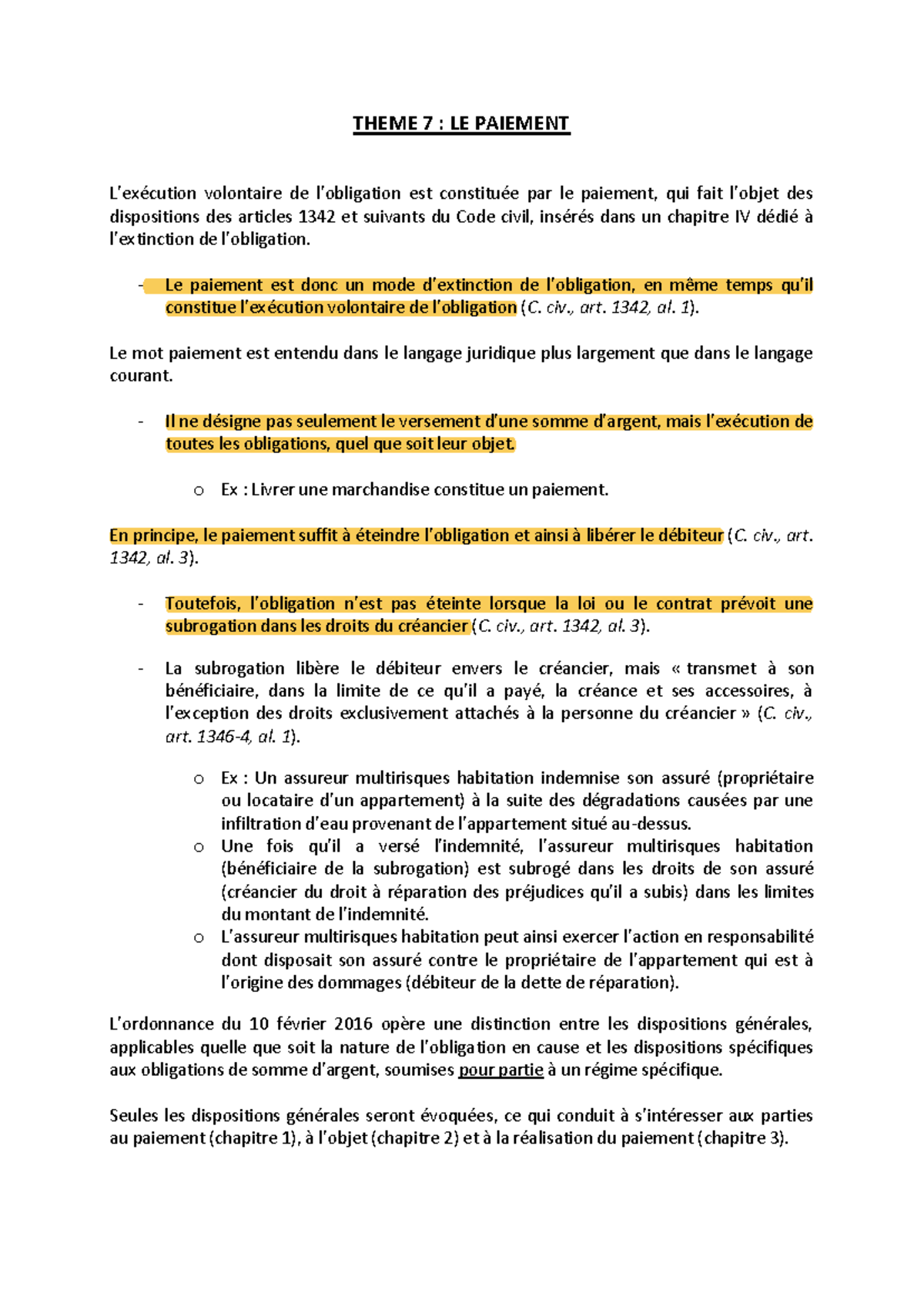 THÈME 7 : LE PAIEMENT VOLONTAIRE SELON LE CODE CIVIL (C. civ., art ...