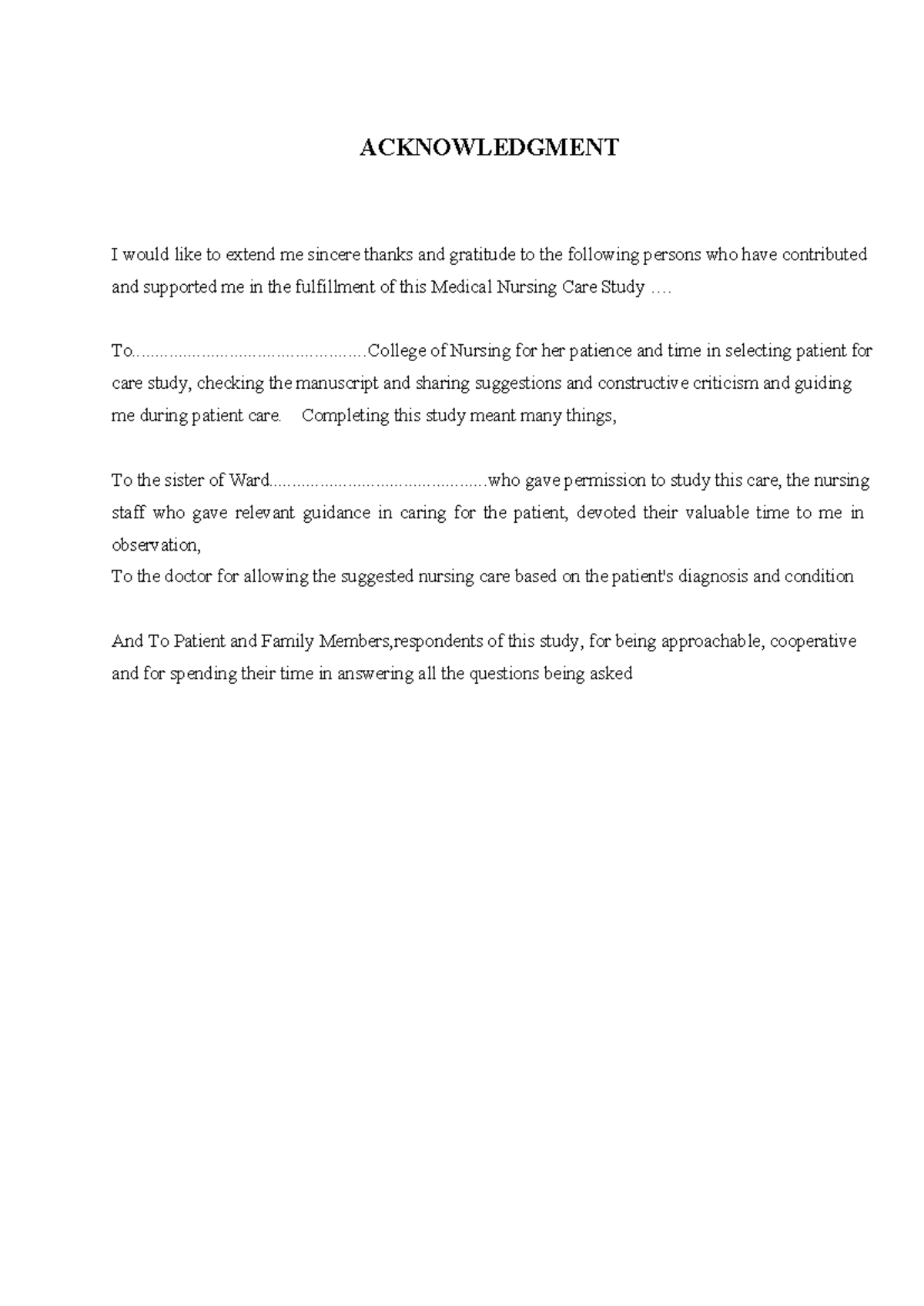 Acknowledgment and Objectives for Medical Nursing Care Study on NSTEMI ...