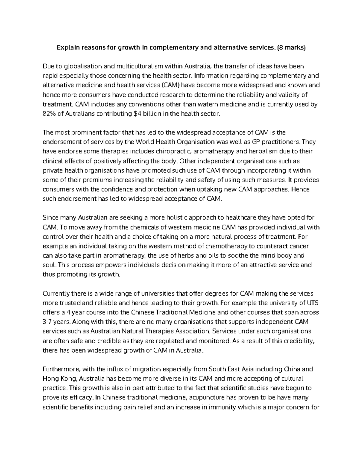 Pdhpe response - Explain reasons for growth in complementary and ...