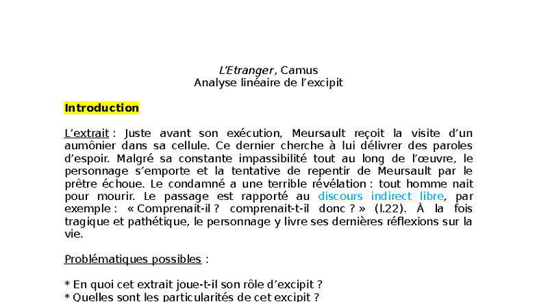 Camus Excipit - drrsdt - L’Etranger, Camus Analyse linéaire de l ...