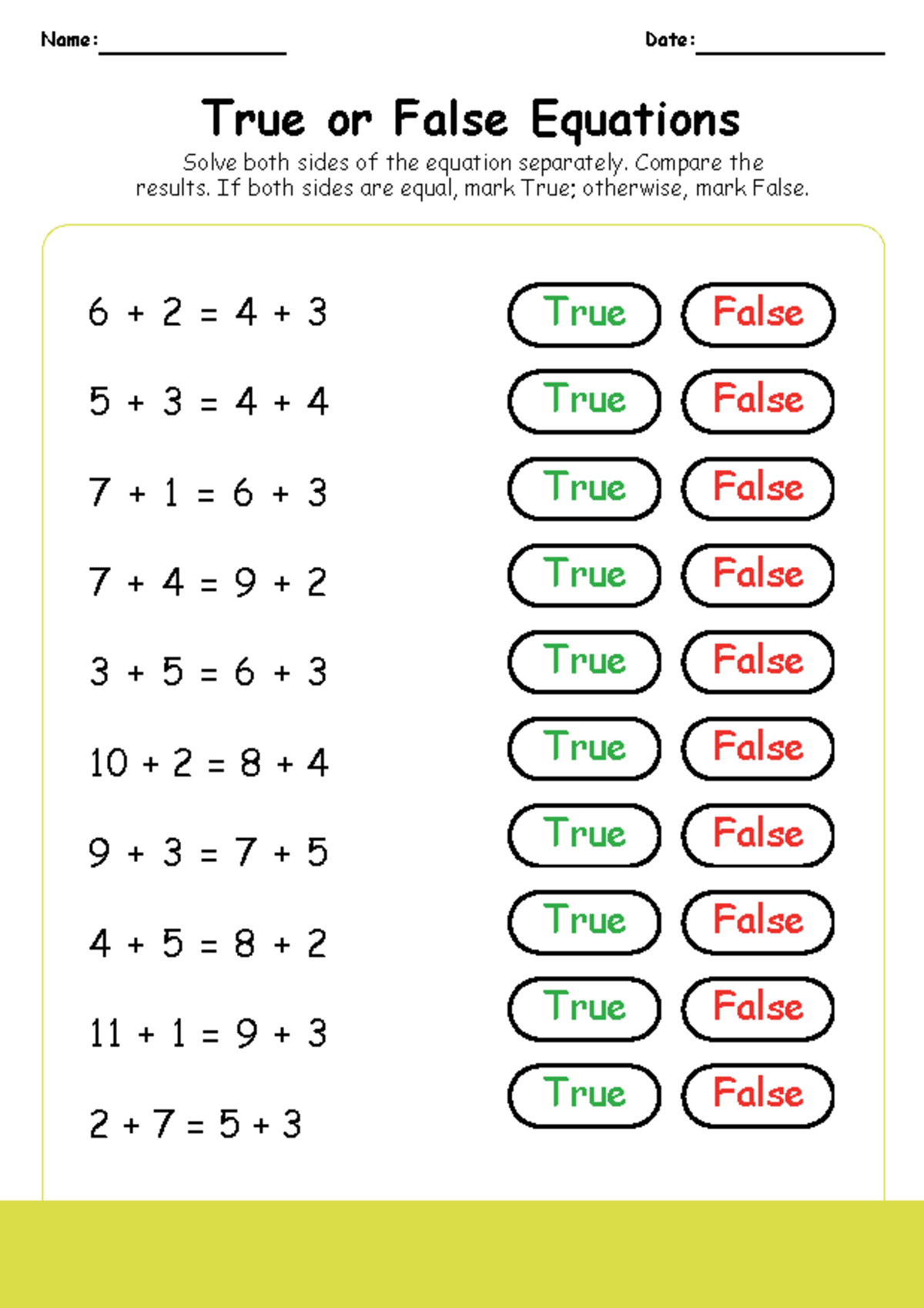 True or False Equations - 1st Grade Worksheet - 6 + 2 = 4 + 3 5 + 3 = 4 ...