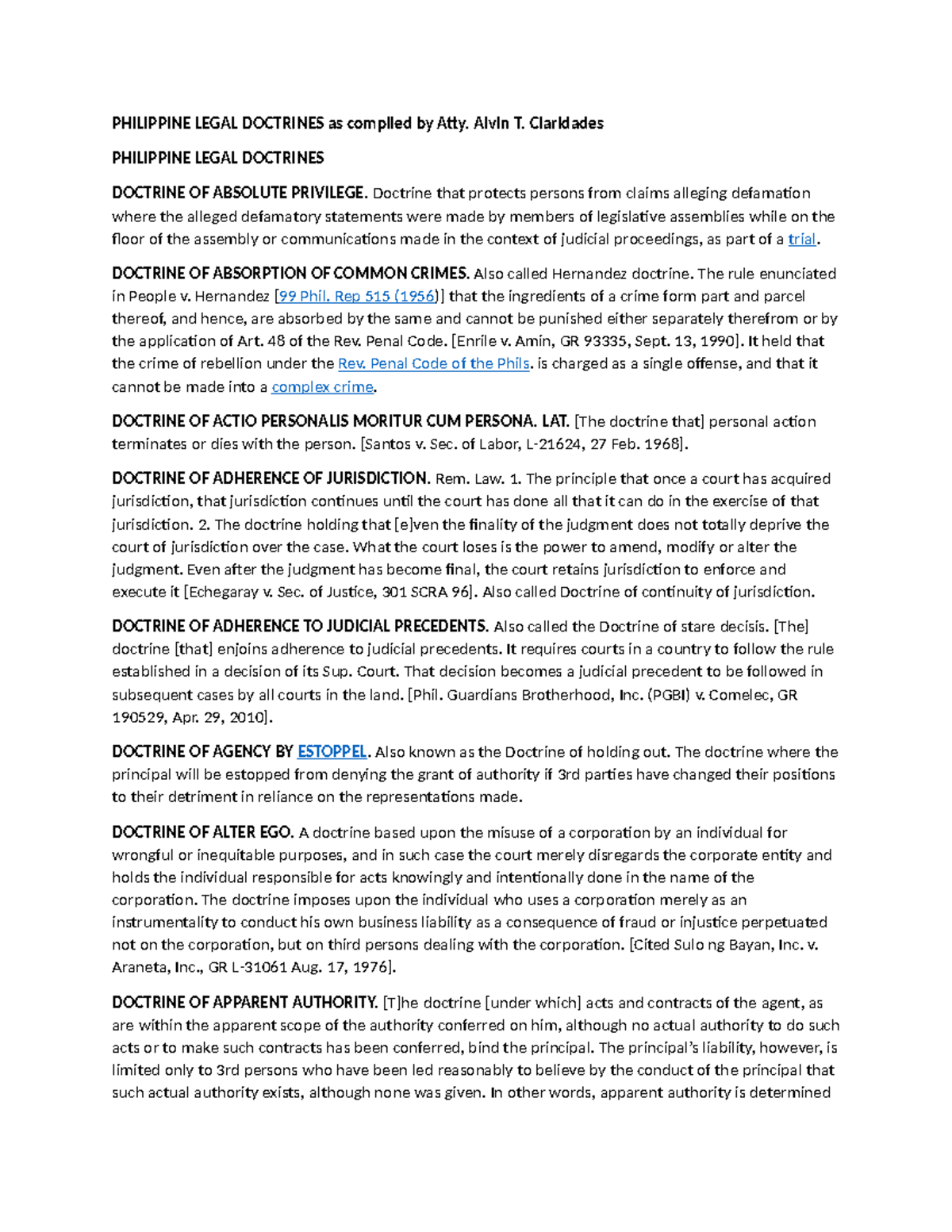 Philippine Legal Doctrines Compilation for Law Students (Atty ...