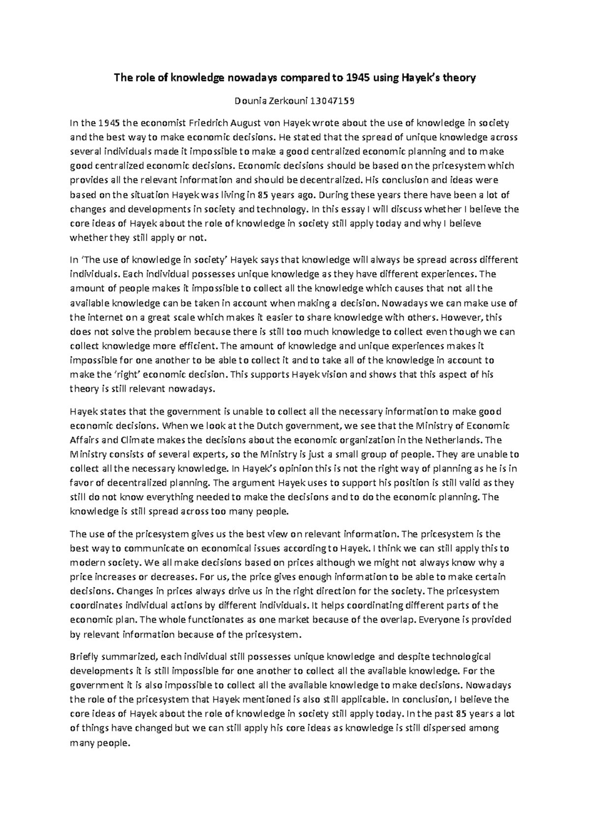 Essay Hayek UvA - The role of knowledge nowadays compared to 1945 using ...