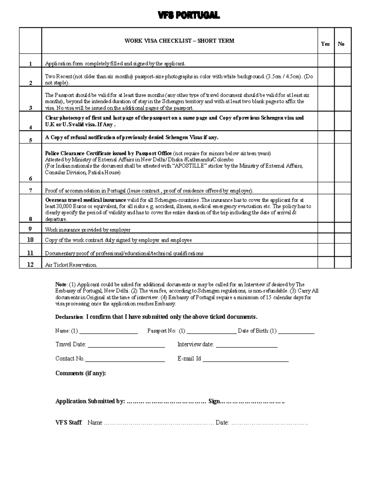 Work-visa-checklist 1 - WORK VISA CHECKLIST – SHORT TERM Yes No 1 ...