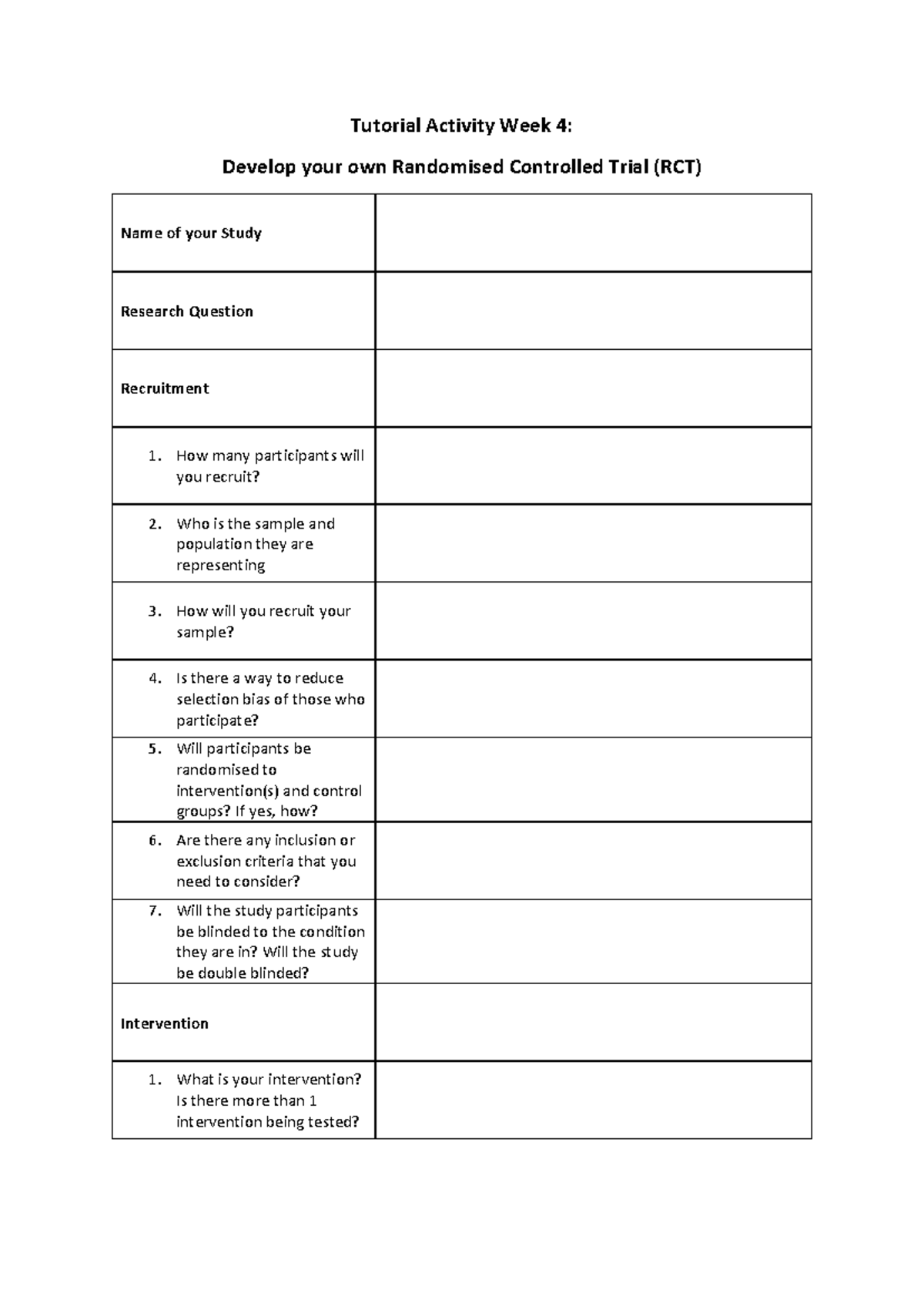 RCT Development Worksheet: Week 4 Tutorial Activity - Studocu