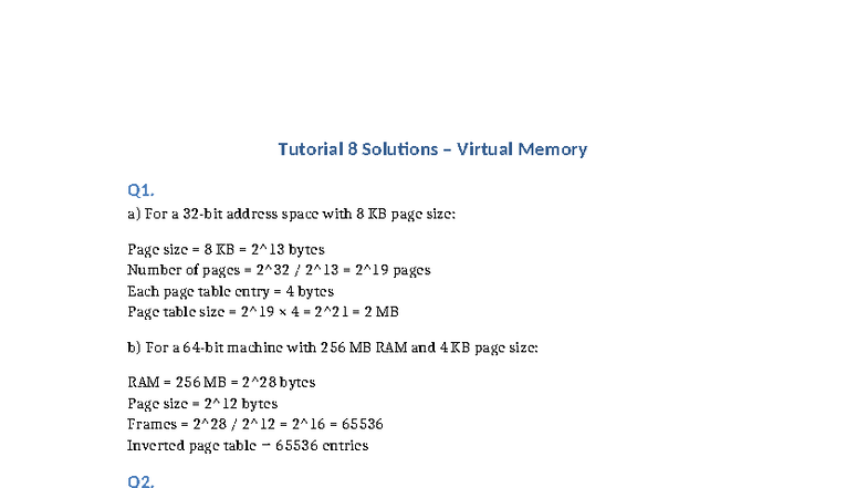 Jitendra 23103337 tut8 - Tutorial 8 Solutions – Virtual Memory Q1. a ...