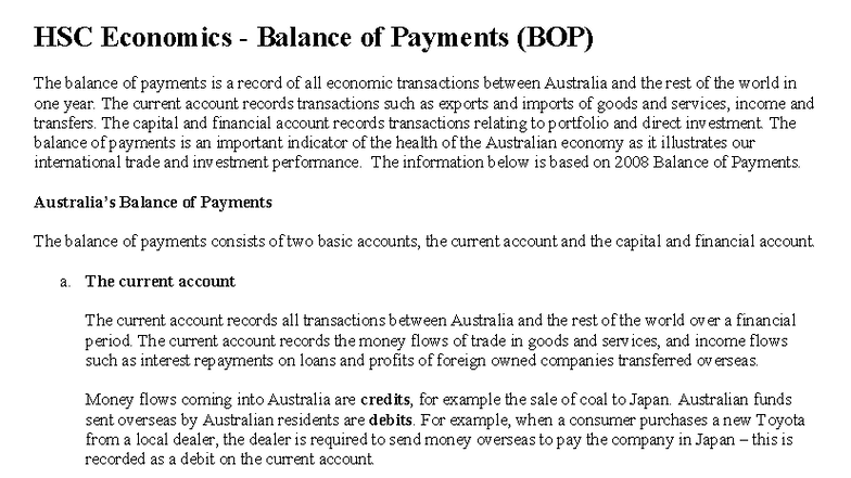 HSC Economics: Balance of Payments (BOP) Overview and Exercises - Studocu