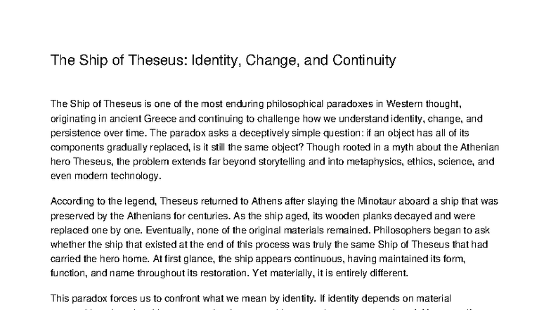The Ship of Theseus Essay: Exploring Identity and Change - Studocu