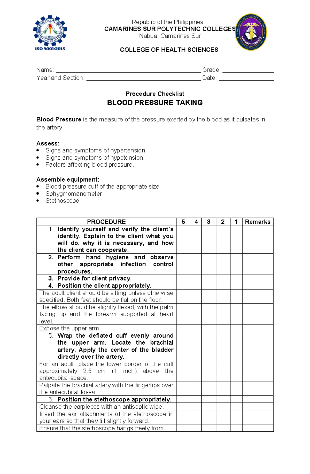 Blood Pressure Taking Procedure Checklist for Nursing Students - Studocu